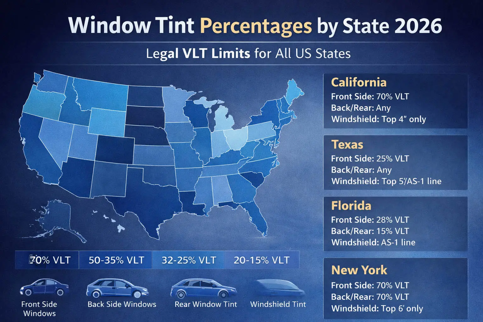 Window Tint Percentages by State 2026: Legal VLT Limits for All US States