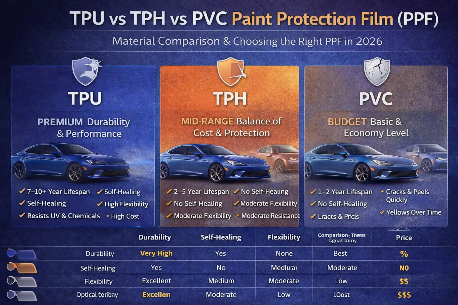 TPU vs TPH vs PVC Paint Protection Film 2026: Materials Compared